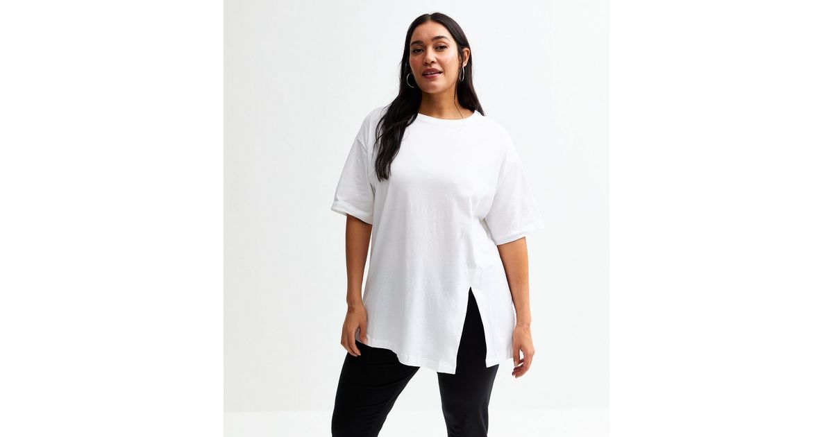 Curves White Cotton Split Hem T-Shirt | New Look