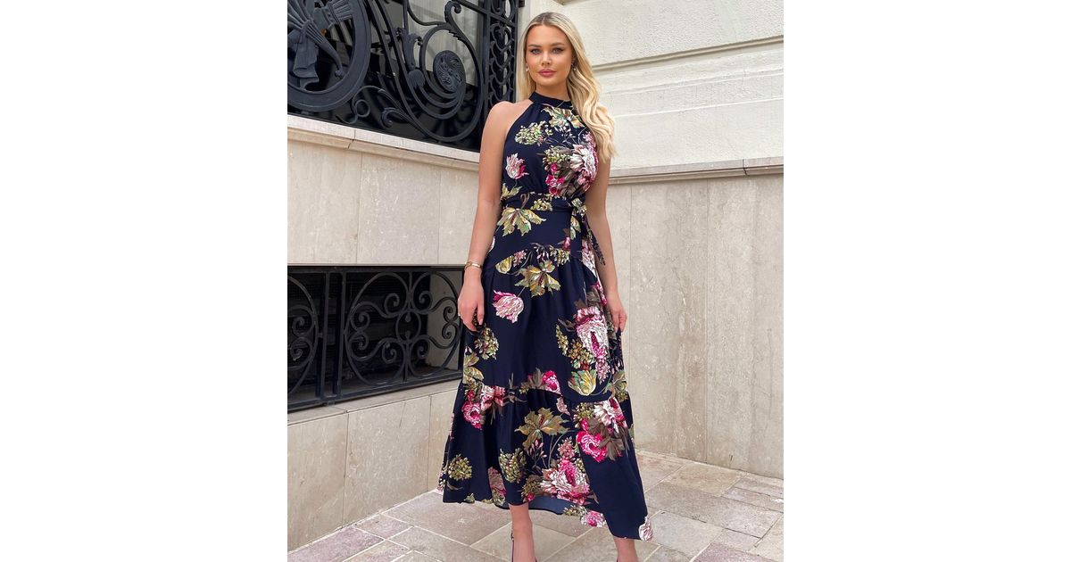 AX Paris Navy Floral Halter Midi Dress | New Look