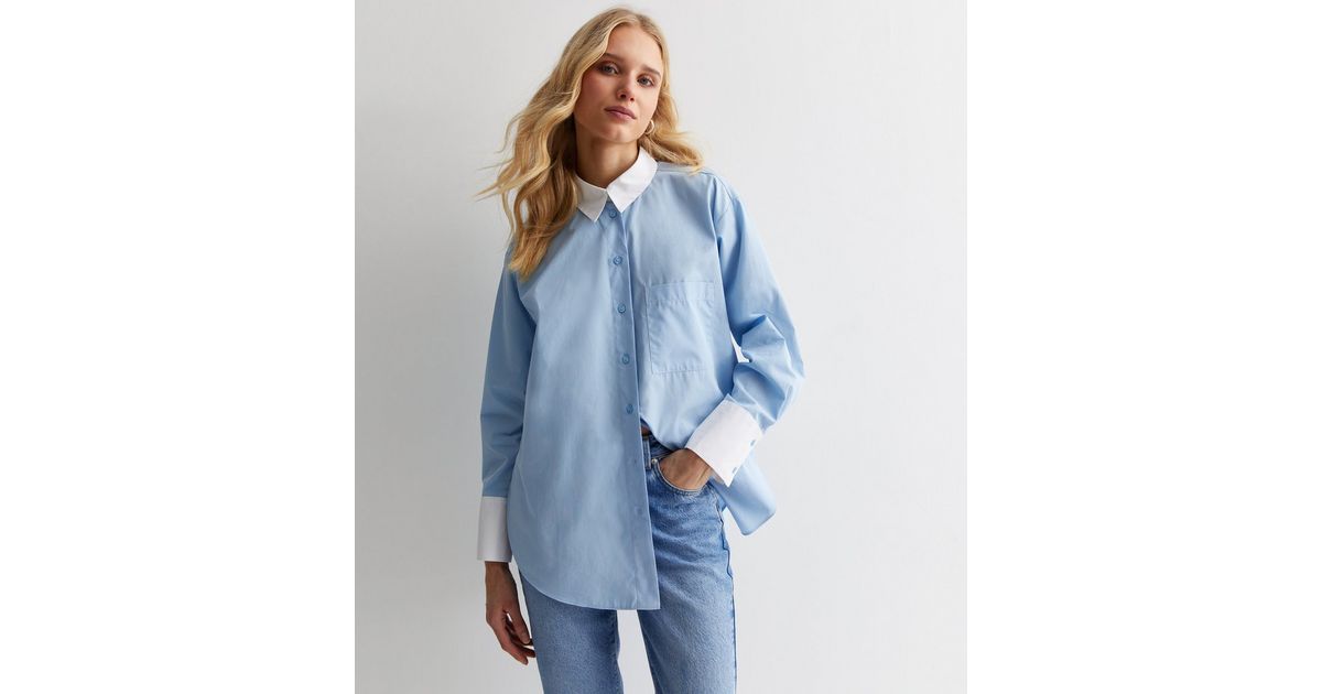 Pale Blue Cotton Contrast Detail Shirt | New Look