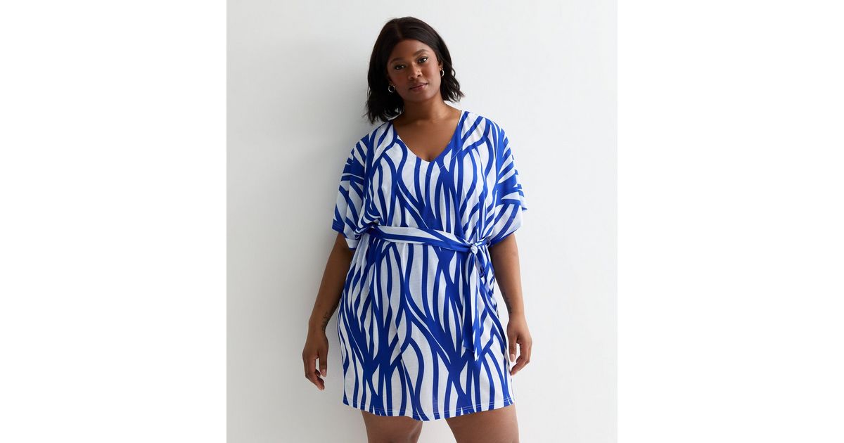 Curves Blue Line Print Belted Mini Kaftan | New Look