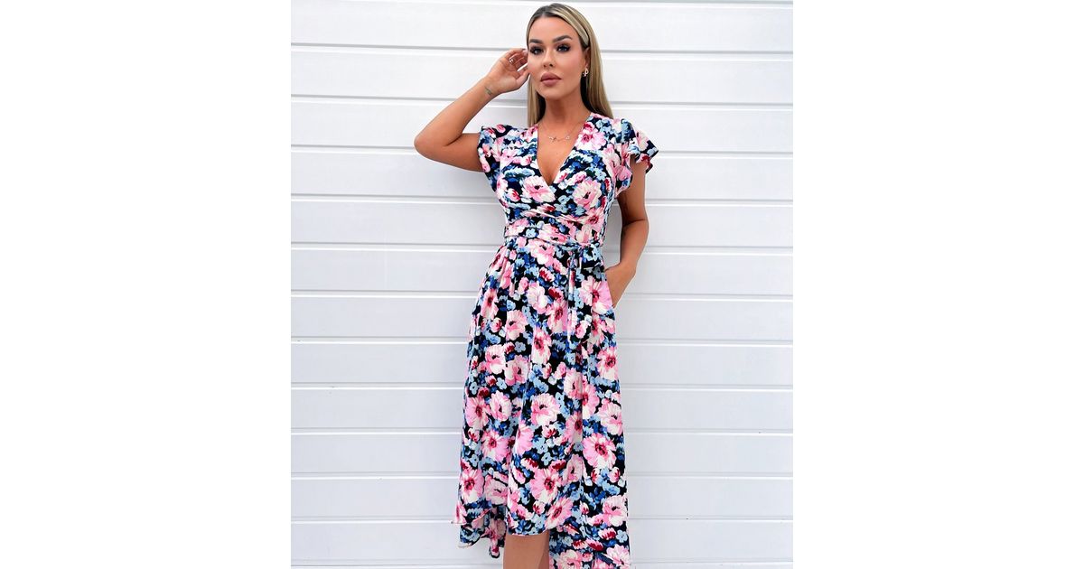 Ax Paris Pink Floral Wrap Midi Dress New Look