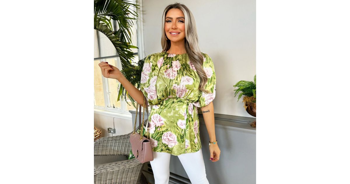 AX Paris Green Floral Satin Batwing Top | New Look