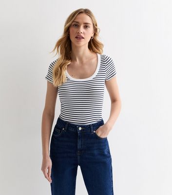 White Stripe Ribbed Scoop Neck T-Shirt | New Look