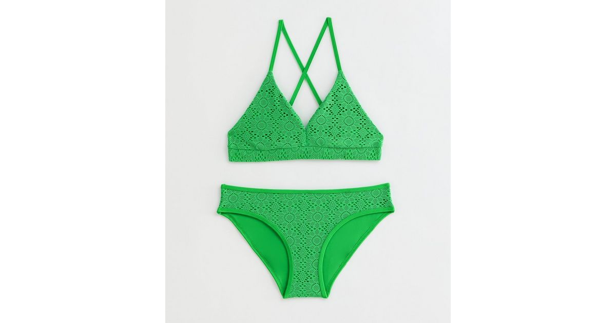 Girls Green Crochet Triangle Bikini Set | New Look