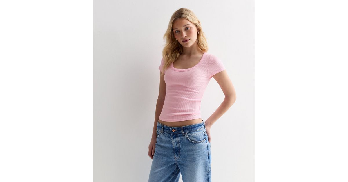 Pale Pink Ribbed Scoop-Neck T-Shirt | New Look