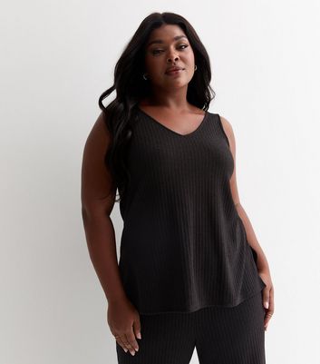 Curves Black Ribbed V Neck Vest | New Look