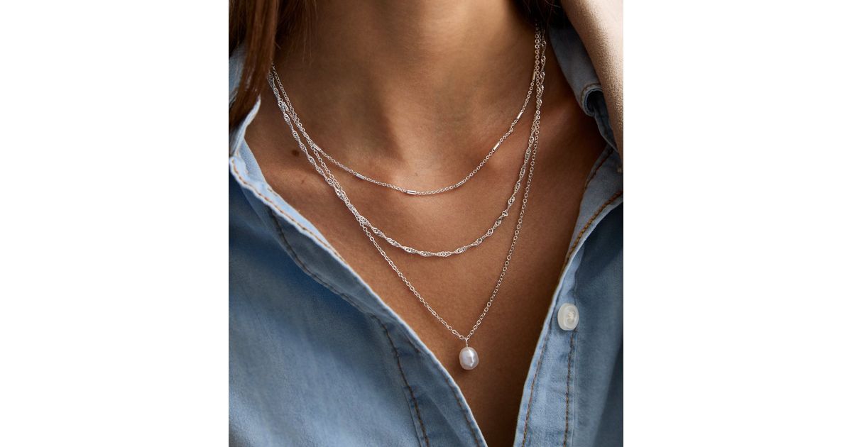 Silver Triple Chain Faux Pearl Pendant Necklace | New Look