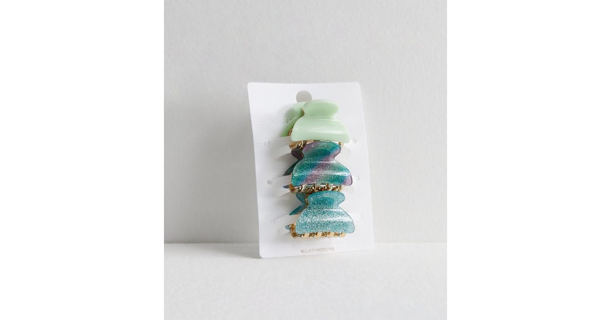 3 Pack Glitter Resin Hair Claw Clips | New Look