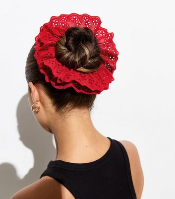 Red Broderie Frill Hair Scrunchie | New Look
