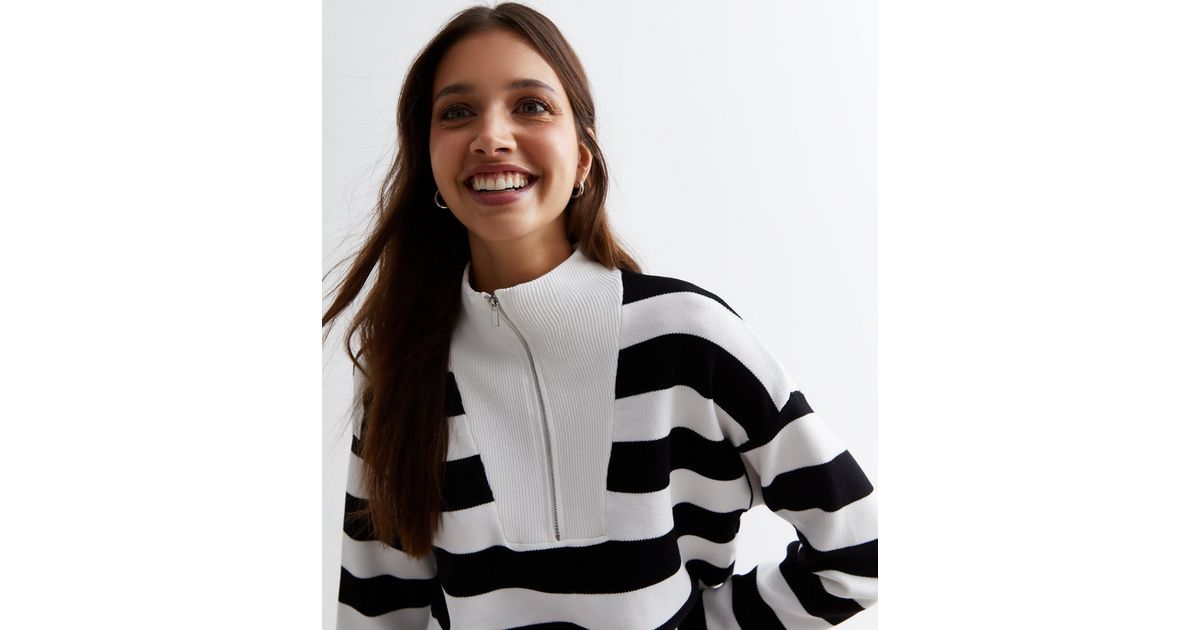 Off White Stripe Zip Neck Jumper | New Look