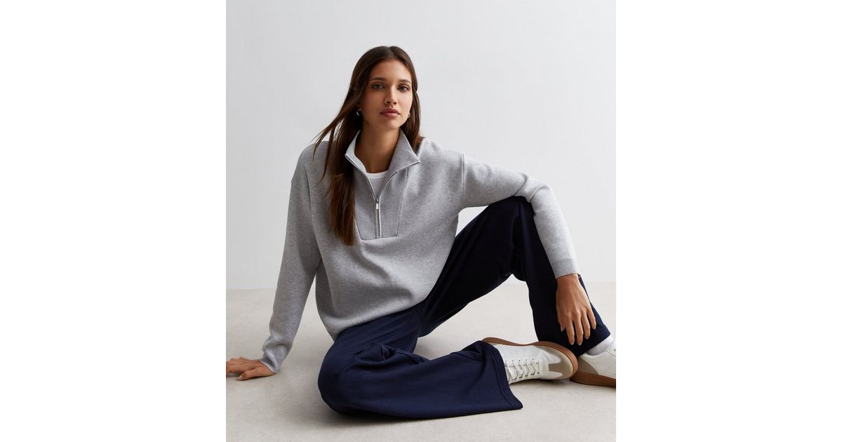 Grey Ribbed Zip Neck Jumper | New Look