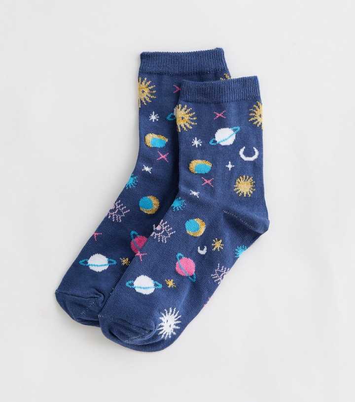 Navy Glitter Planet Tube Socks | New Look