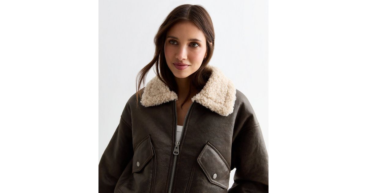 Dark Brown Faux Shearling Collar Bomber Jacket | New Look