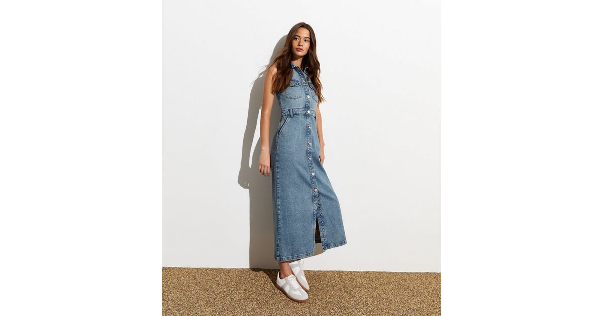 Blue Denim Halter Neck Midi Dress | New Look