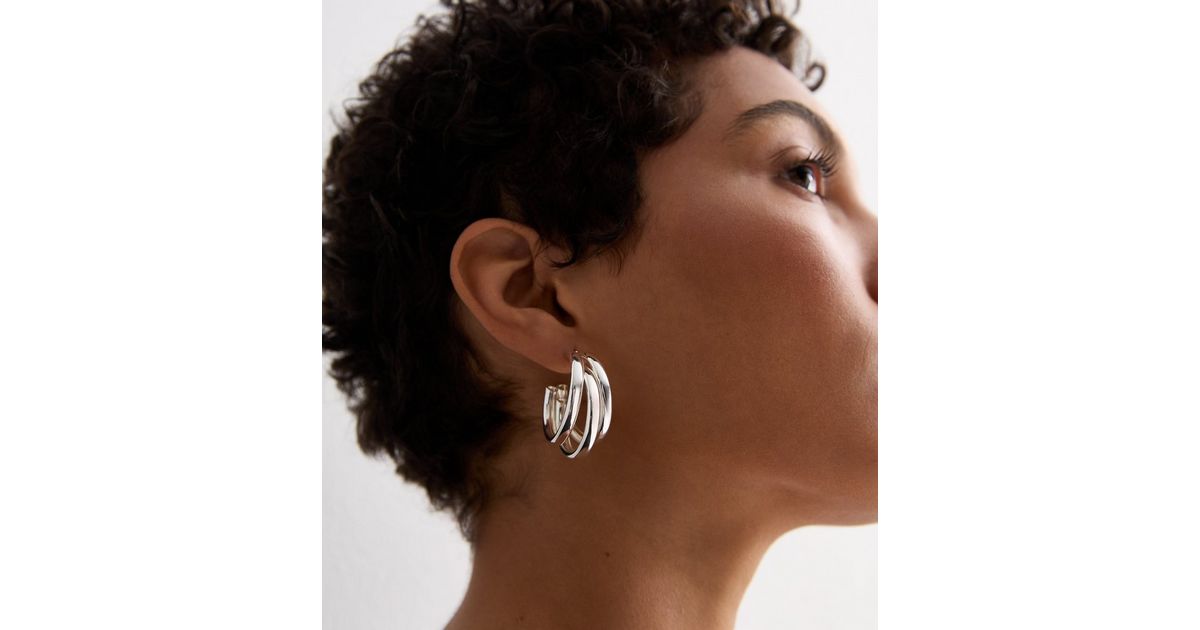 Silver Chunky Triple Hoop Earrings | New Look