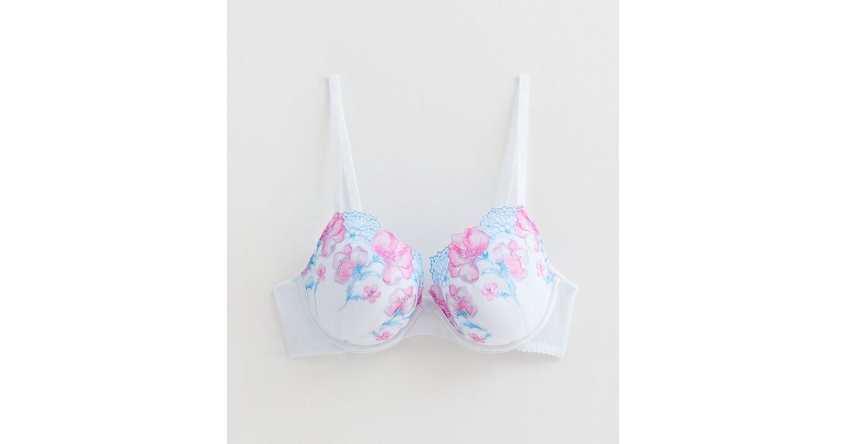 Pink Floral-Embroidered Mesh T-Shirt Bra | New Look