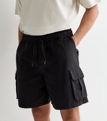 Black Drawstring Tech Relaxed Fit Cargo Shorts | New Look