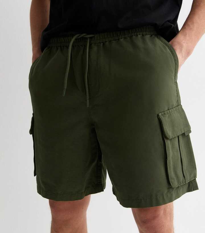 Khaki Drawstring Tech Relaxed Fit Cargo Shorts | New Look