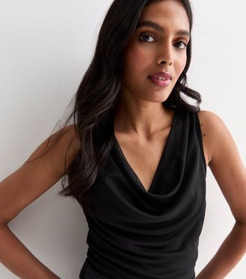 Black Mesh Cowl Neck Top | New Look