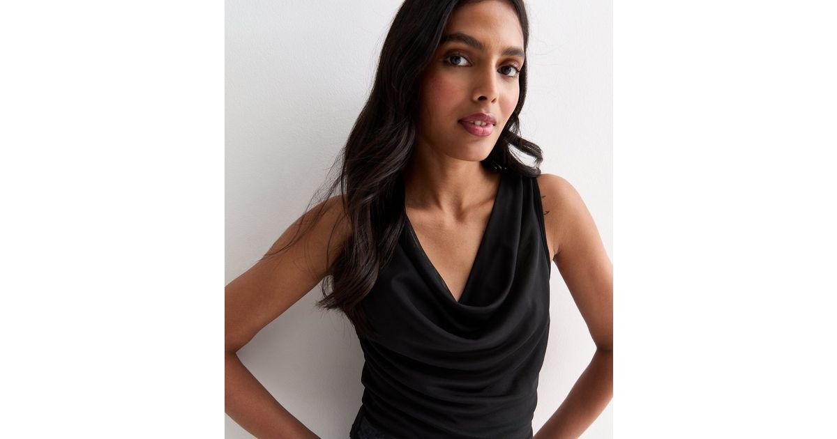 Black Mesh Cowl Neck Top | New Look