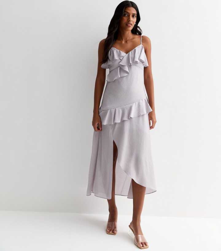 Pale Grey Jacquard Strappy Ruffle Split Hem Midi Dress | New Look
