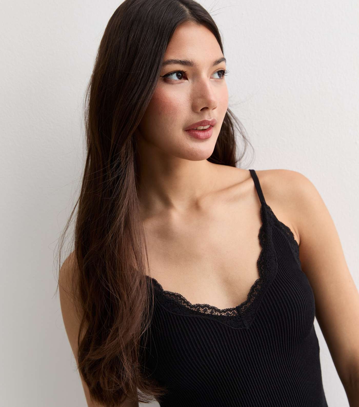 Black Ribbed Jersey Lace Trim Crop Cami New Look