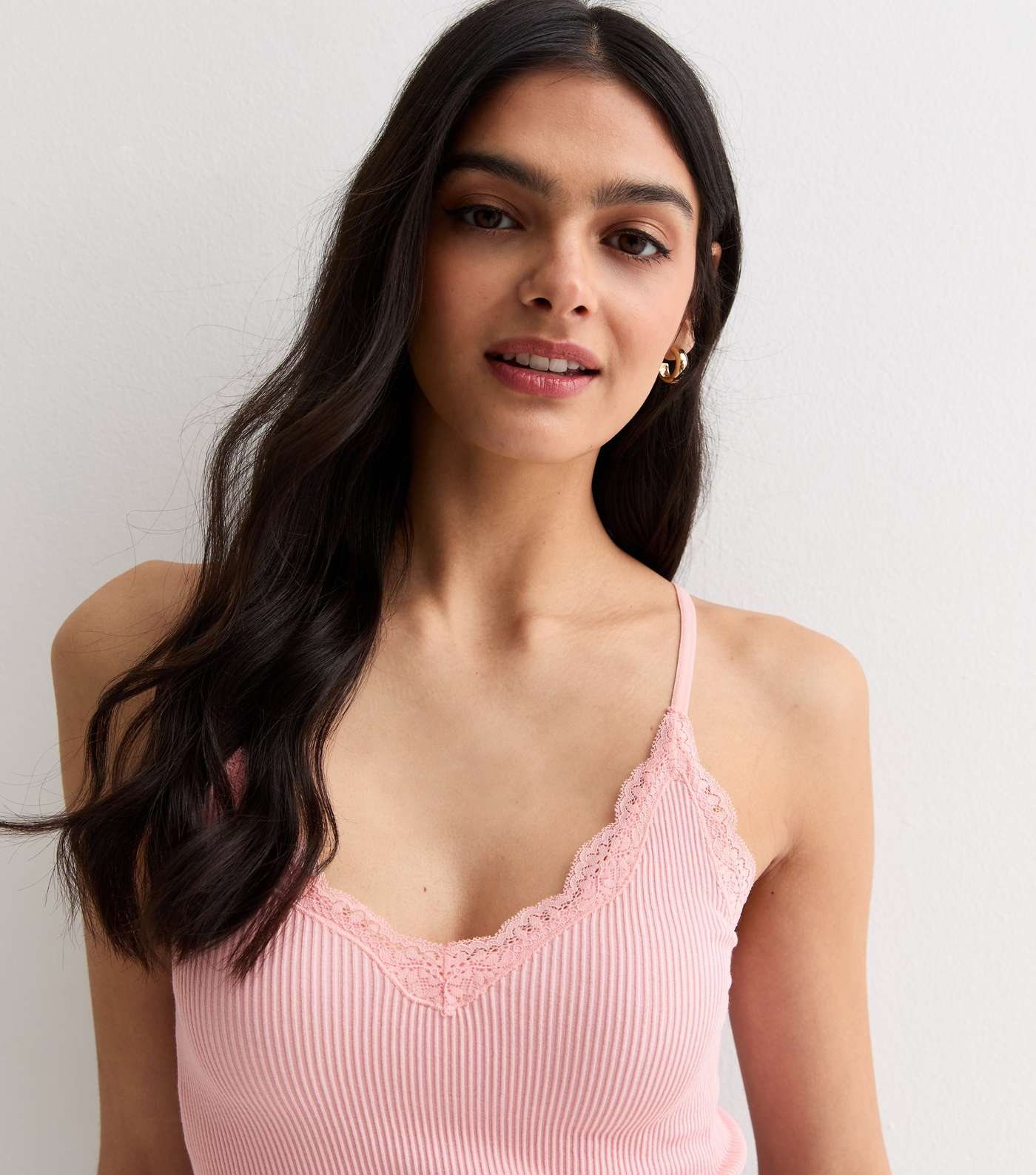 Pale Pink Ribbed Jersey Lace Trim Crop Cami New Look