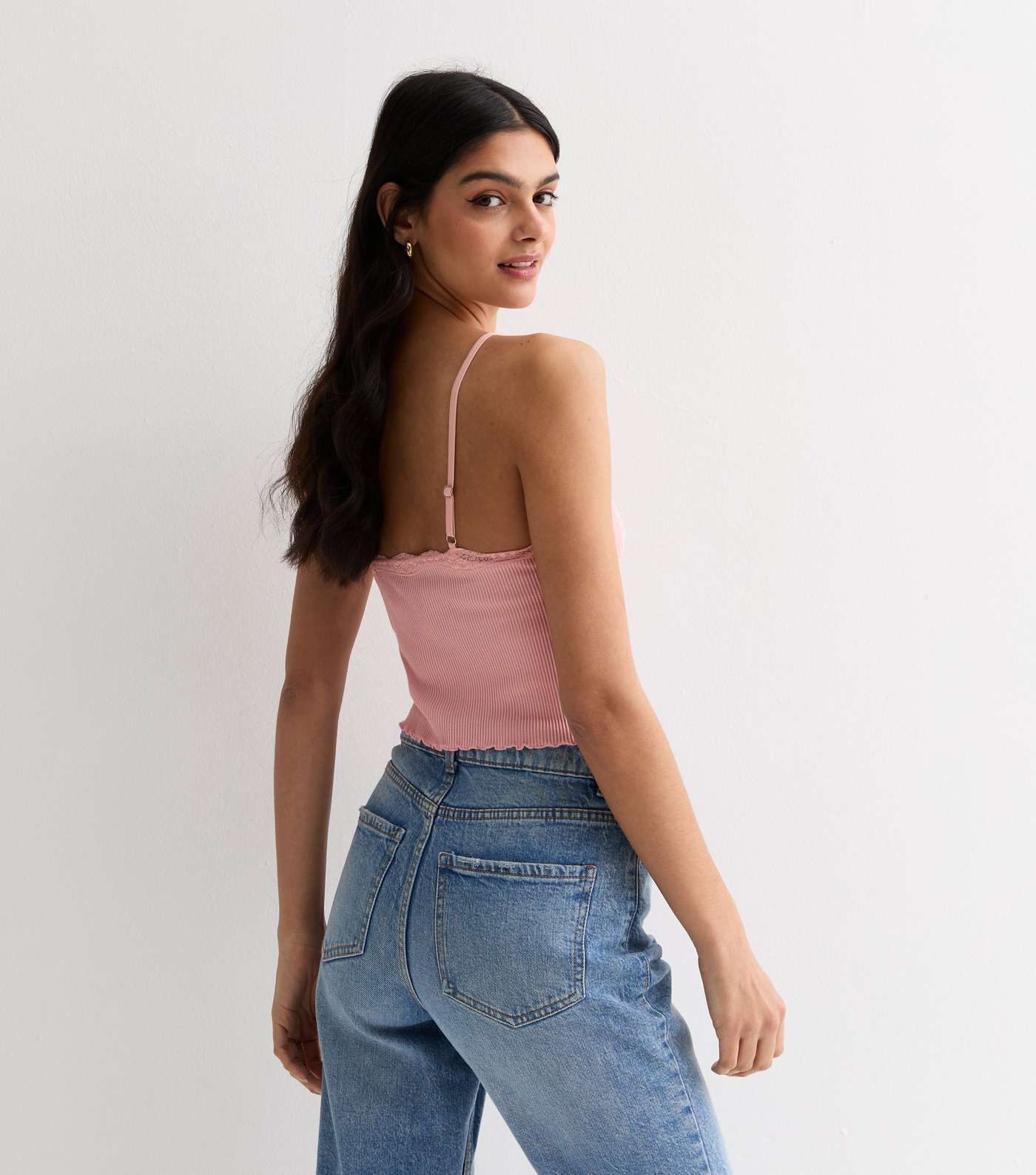 Pale Pink Ribbed Jersey Lace Trim Crop Cami New Look