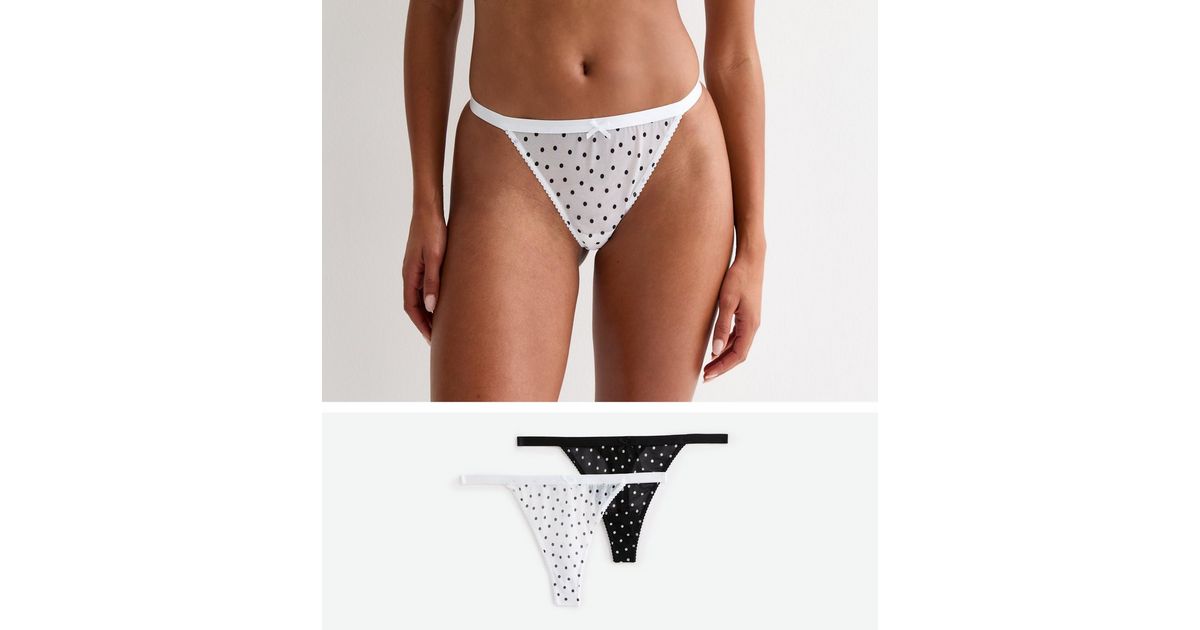 2 Pack Black And White Polka Dot Mesh Thongs | New Look