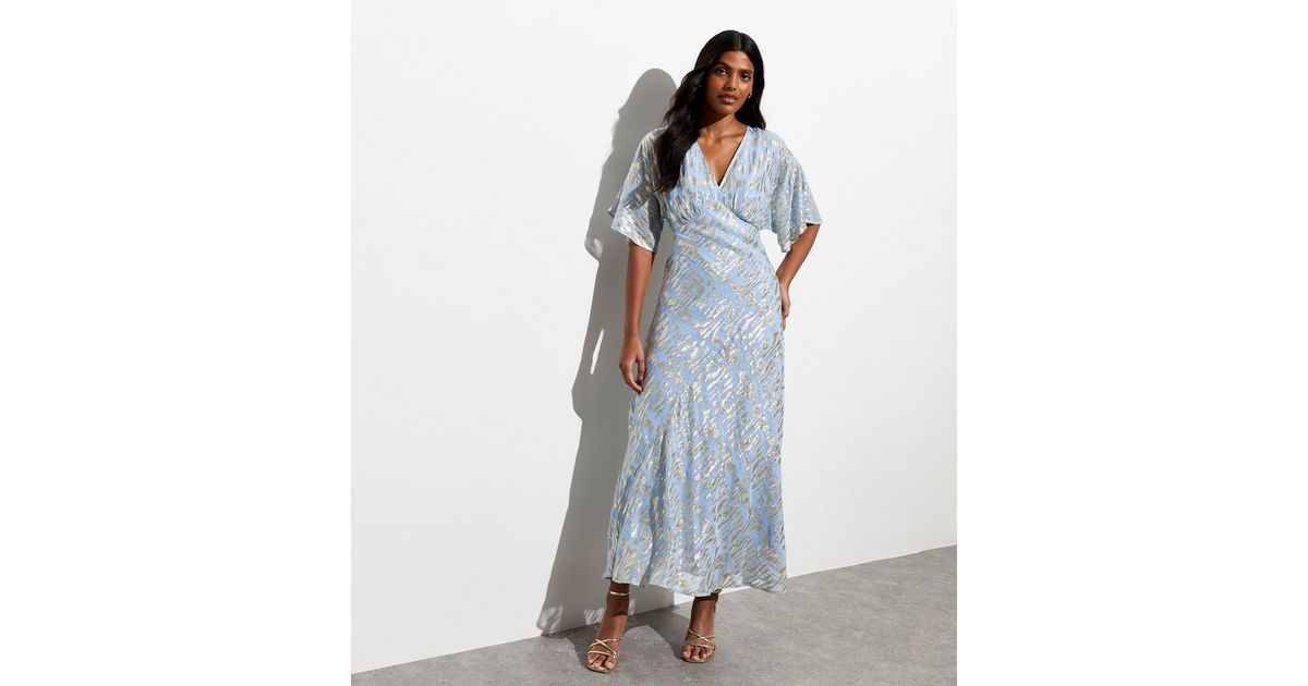 Pale Blue Foil Print Kimono Sleeve Maxi Dress | New Look