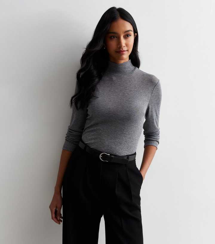 Dark Grey Sheer Jersey High Neck Top | New Look