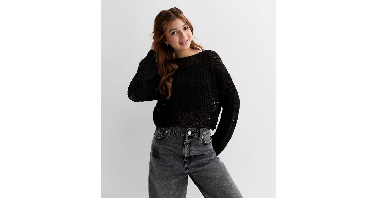 Girls Black Open Knit Jumper | New Look