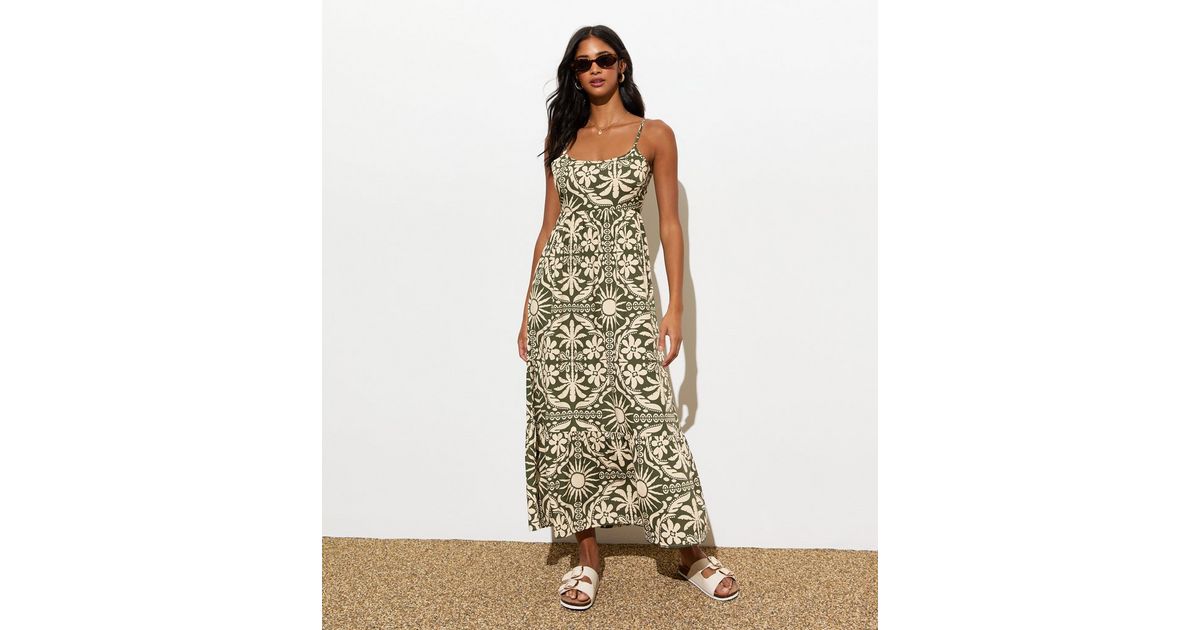 Green Tile-Print Strappy Midi Dress | New Look