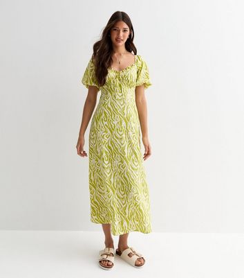 Green Zebra-Print Frill-Trim Midi Dress | New Look