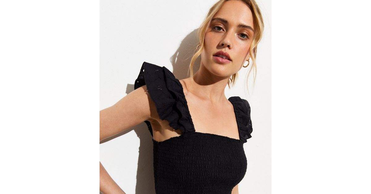 Black Cotton Embroidered Ruffle-Trim Shirred Crop Top | New Look