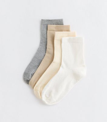 Neutral White 4-Pack Rib Tube Socks | New Look