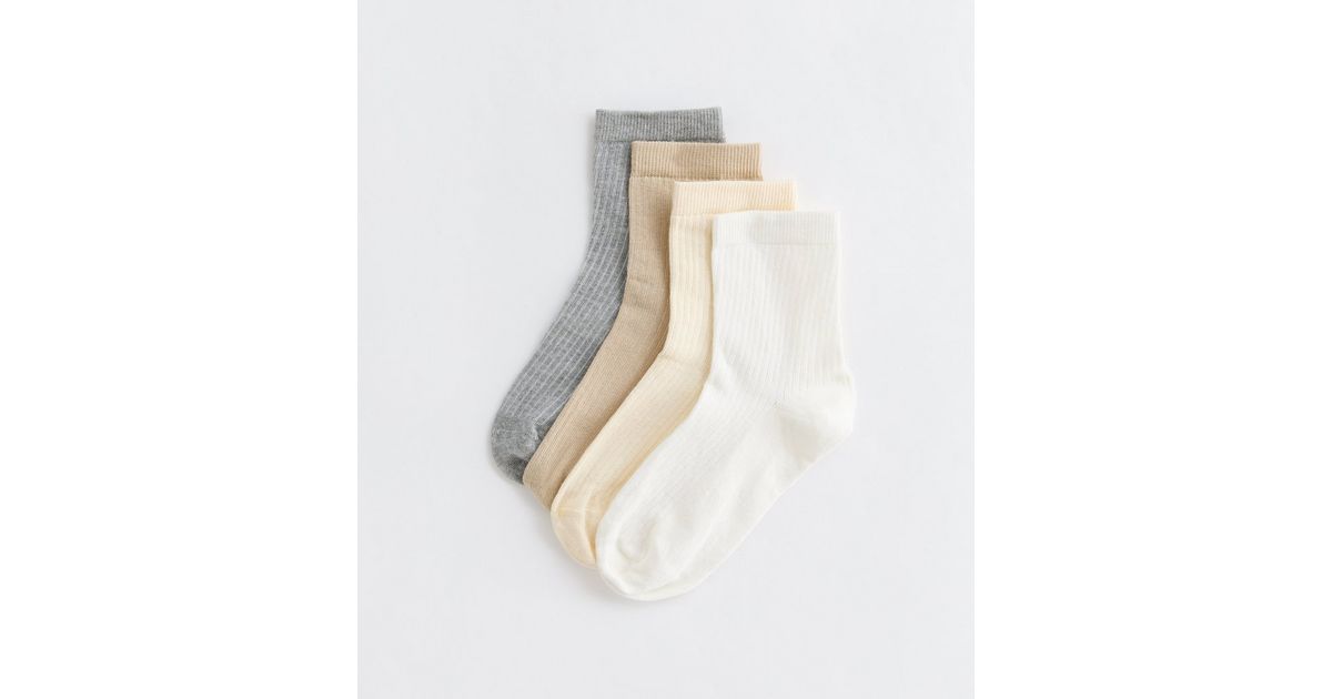 Neutral White 4-Pack Rib Tube Socks | New Look