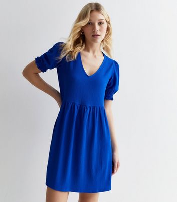 Blue Crinkle Puff Sleeve Smock Mini Dress | New Look