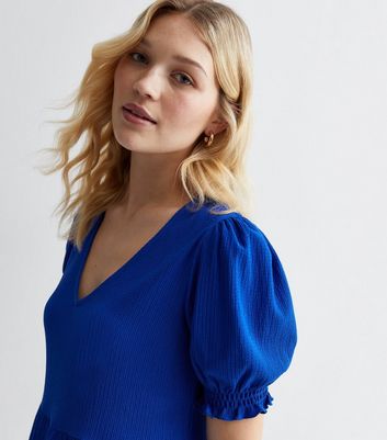 Blue Crinkle Puff Sleeve Smock Mini Dress | New Look