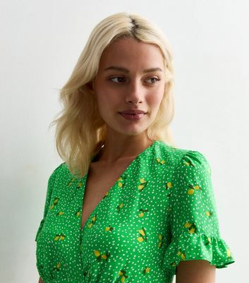 Green Lemon Print Frill Sleeve Midi Dress | New Look