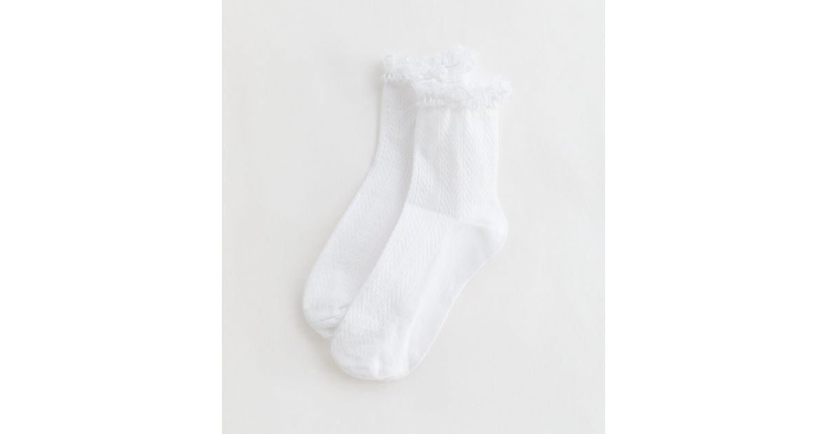 White Cable Frill Socks | New Look