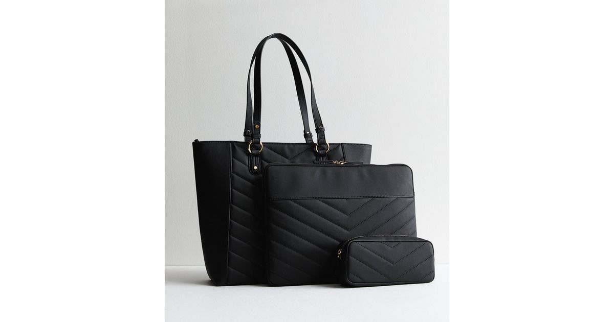 Black Quilted Tote Bag Trio Set | New Look