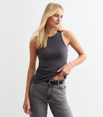 Tall Grey Ribbed Racer Vest | New Look