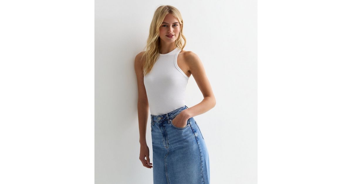 Tall White Ribbed Racer Vest | New Look