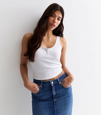 Tall White Ribbed Popper Front Vest | New Look