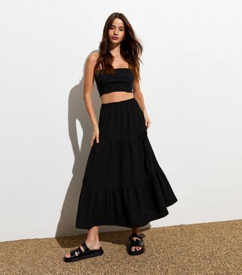 Black Textured Tiered Midi Skirt | New Look