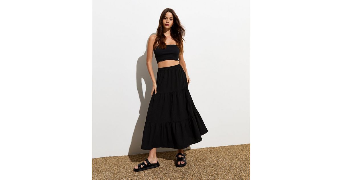 Black Textured Tiered Midi Skirt | New Look