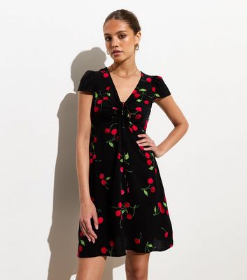 Black Gathered Chest Cherry Print Tea Dress | New Look