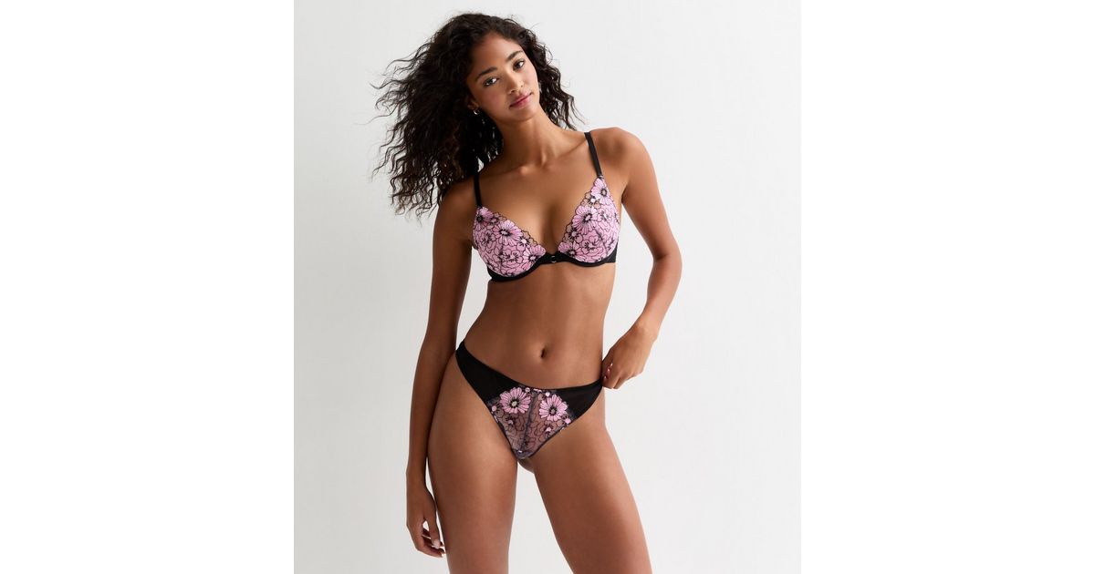 Pink Floral Embroidered Demi Bra New Look