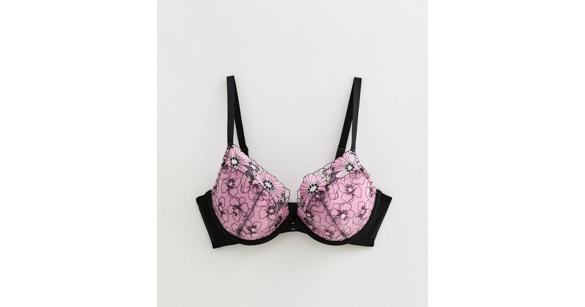 Pink DD+ Floral-Embroidered Demi Bra | New Look